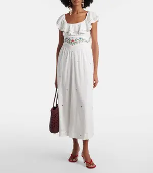 Rixo Ebony Embroidered Cotton Midi Dress
