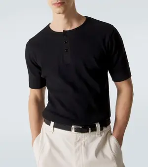 LEMAIRE Cotton And Linen Henley Shirt - Black