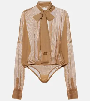 Norma Kamali Sheer Tie-neck Mesh Bodysuit