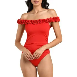 La Blanca Island Goddess Off-the-shoulder One-piece Swimsuit - Ruby