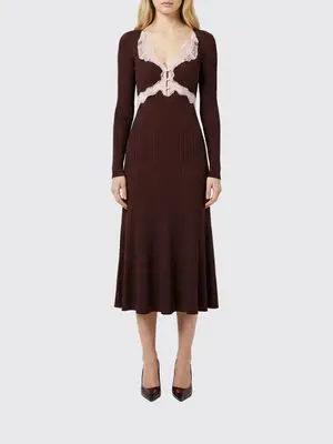 SELF-PORTRAIT Ribbed Knit Midi Dress With Lace Trim - Brown