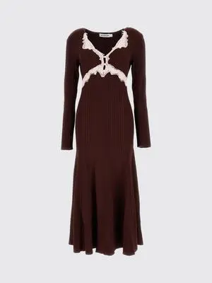 SELF-PORTRAIT Ribbed Knit Midi Dress With Lace Trim - Brown