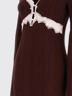 SELF-PORTRAIT Ribbed Knit Midi Dress With Lace Trim - Brown