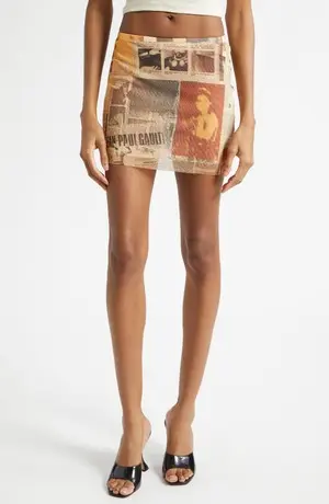 Jean Paul Gaultier Newspaper Print Mesh Miniskirt - Ecru/light Grey/red