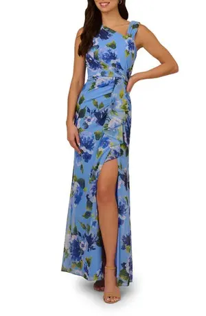 Adrianna Papell Printed Ruffle Chiffon Mermaid Gown - Blue Multi