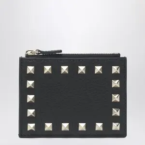 Valentino Garavani Leather Rockstud Zip Card Holder - Black