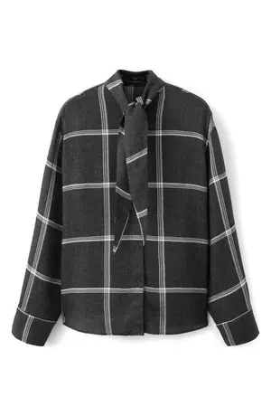 Mango Windowpane Plaid Button-up Shirt With Tie Neck