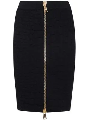 Balmain Zipped Croco Knit Knee Length Skirt - Black