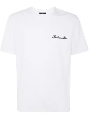 Balmain Signature Embroidered T Shirt Regular Fit - White