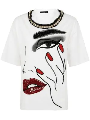 BALMAIN Printed T-Shirt With Chain And Pearl Embellishments