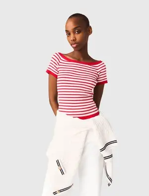 Maje Striped Rib Knit Top With Boat Neck