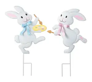 GLITZHOME S/2 Easter Metal Bunny Painter Garden Stake - One-color