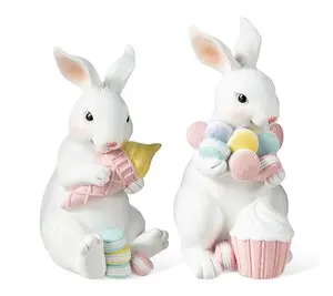 GLITZHOME S/2 Easter Resin Bunny Holding Macaro N Table Decor