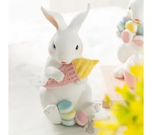 GLITZHOME S/2 Easter Resin Bunny Holding Macaro N Table Decor