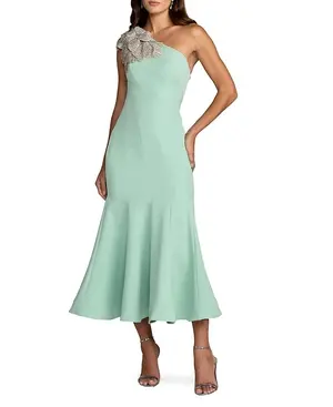 Mac Duggal Crepe One-shoulder Mermaid Midi Dress With Embellished Flower - Sage