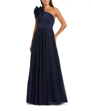 Mac Duggal Pleated Metallic One-shoulder Gown With Ruffle - Midnight