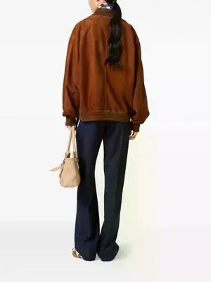 Miu Miu Suede Bomber Jacket With Embossed Logo - Brown