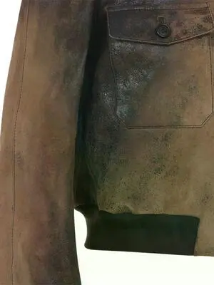 Miu Miu Distressed Leather Jacket With Embossed Logo - Brown