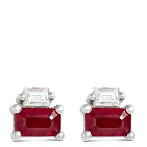 Benbridge Emerald Cut Ruby And Baguette Diamond Stud Earrings - Red