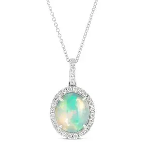 Benbridge Oval Cut Opal And Diamond Pendant Necklace In 14k White Gold - Wg