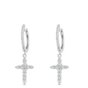 Benbridge 14k White Gold Diamond Cross Dangle Hoop Earrings - Wg