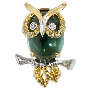 Benbridge Owl Brooch With Sapphire, Diamonds And Tourmaline - Green