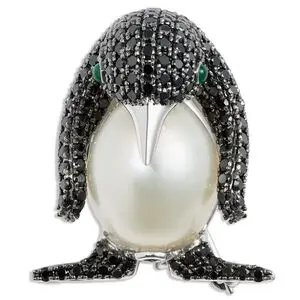 Benbridge Penguin Brooch With Pearl, Emerald, And Black Diamonds - White