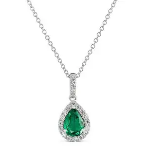 Benbridge Pear Shaped Emerald And Diamond Halo Pendant Necklace - Green