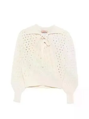 TWINSET Stretch Knit Lace-up Sweater With Polo Collar