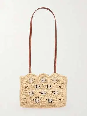 Rabanne Leather-trimmed Studded Raffia Shoulder Bag
