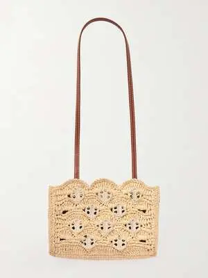 Rabanne Leather-trimmed Studded Raffia Shoulder Bag