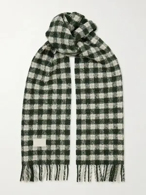 Acne Studios Fringed Leather-trimmed Checked Brushed-knit Scarf Green