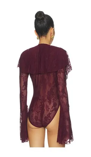 Norma Kamali Long Sleeve Deep V Ruffle Bodysuit - Plum