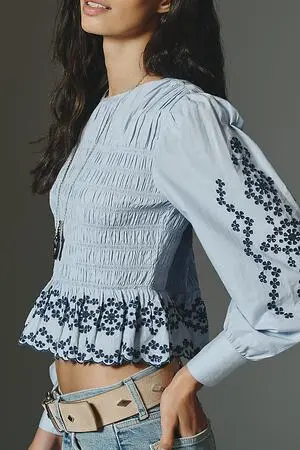 Rails Tab Smocked Embroidered Long-sleeve Top