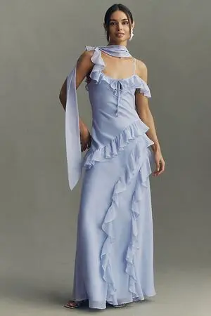 Bhldn Lottie Ruffled Chiffon Gown - Open Air Blue