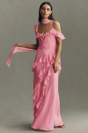 Bhldn Lottie Ruffled Chiffon Gown - Peony Pink