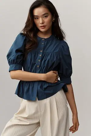 Maeve Puff-sleeve Buttondown Top - Washed Navy