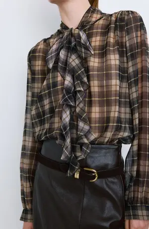 Mango Scott Plaid Pussy-bow Top