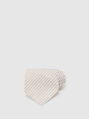 REISS Vittorio Cotton-silk Stripe Seersucker Neck Tie - White / Camel Brown