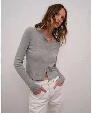 GOLDIE LEWINTER Pointelle Crop Cardigan - Gray Heather
