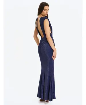 MISS CIRCLE NEW YORK Terri Sparkle Plunging Backless Maxi Dress