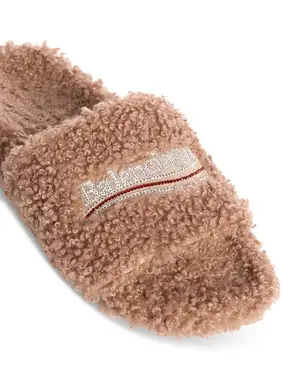 Balenciaga Furry Slide Slippers - Bisque/crystal/red