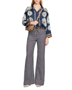 Sandro Floral Print Silk Shirt - Deep Blue