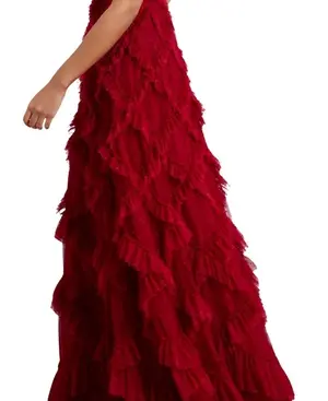 NEEDLE & THREAD Genevieve Ruffle Maxi Gown - Deep Red/fuchsia
