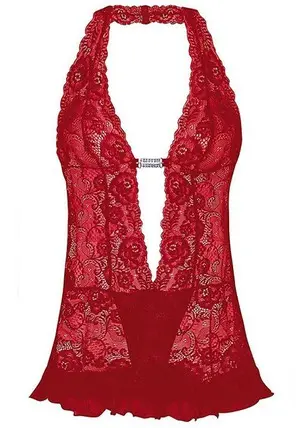 LASCANA Plunge Halter Lace Teddy - Red