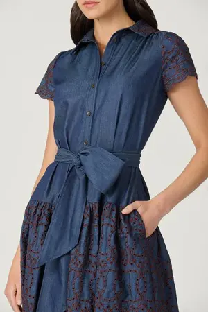 Shoshanna Sofia Embroidered Chambray Shirt Dress