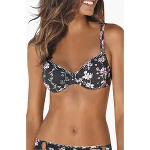 LASCANA Underwire Bikini Top With Crochet Border - Black Printed