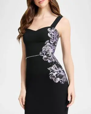 Dress The Population Nicole Embroidered Applique Midi Sheath Dress