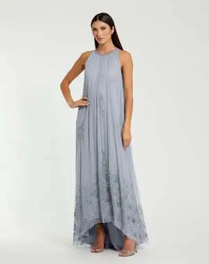 Mac Duggal Floral Embellished High Neck Trapeze Gown - Blue