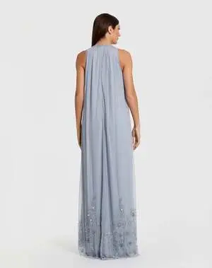 Mac Duggal Floral Embellished High Neck Trapeze Gown - Blue